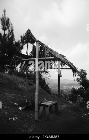 Bamboo huts, broken huts, bamboo huts in tourist areas, monochrome ...