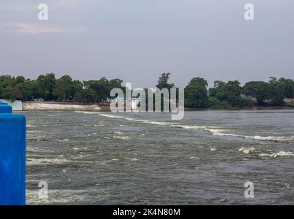View of gushing water released into kaveri river from the Mettur dam ...