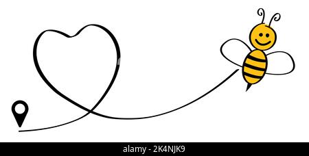 Flying bee route with heart. Love hearts symbol. happy bee smile face ...