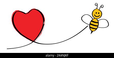 Flying bee route with heart. Love hearts symbol. happy bee smile face ...