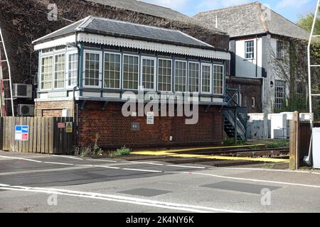 View of the signal box and level crossing at Petersfield railway ...