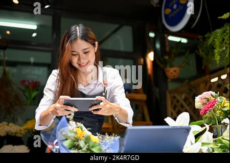 Photo of pretty charming social media influencer have online stream ...