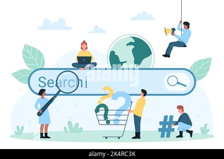 Cartoon tiny people look through magnifying glass at search lettering ...