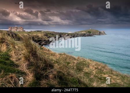 The iconic view over Newquay Bay to Towan Head on the coast of Newquay ...