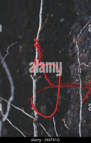 Red thread tangled in a dry branch Stock Photo - Alamy