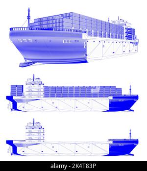 3d rendering blueprint of cargo ship or vessel with containers at ...