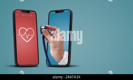 Online doctor checking pulse with a stethoscope, two smartphones facing ...