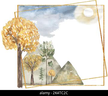 Watercolor woodland and mountains frame illustration, forest background ...