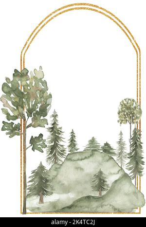 Watercolor woodland and mountains frame illustration, forest background ...