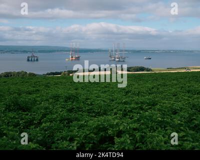 The summer farming landscape and coastline of the Cromatry Firth with a ...