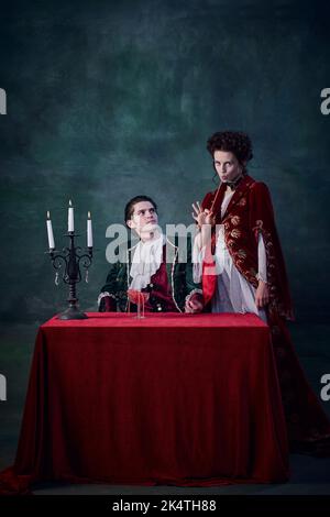 Portrait of noble medieval family, man and woman in image of aristocrat ...