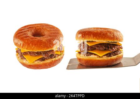 Double decker donut bun burger with beef patties and dressing Stock ...
