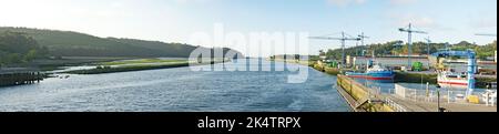 Panoramic view of the Navia river in Navia, Principality of Asturias ...
