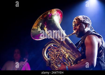 Theon Cross perfoms at the Montreux Jazz Festival, on July 12, 2022, in ...