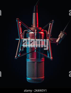 Professional microphone in red blue smoke on a black background Stock ...