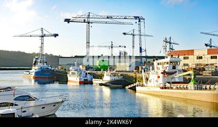 Panoramic view of the Navia river in Navia, Principality of Asturias ...