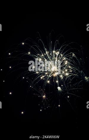 Colorful fireworks close up, fireworks explosion in dark sky. Ventspils ...