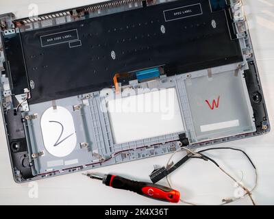 Repair and maintenance of computer laptop, laptop lid disassembled and ...