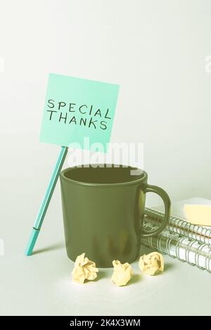 Sign displaying Special Thanks. Word for expression of appreciation or ...