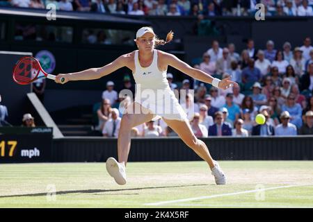 Kazakhstani tennis player Elena Rybakina playing a backhand at the ...