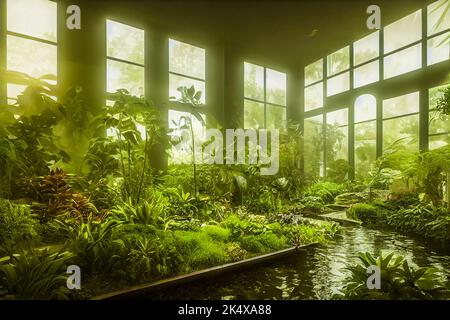 Beautiful indoor garden filled with plants and waterways background. 3d ...