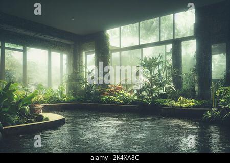 Beautiful indoor garden filled with plants and waterways background. 3d ...