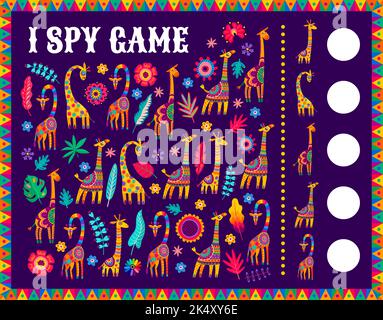 Math game worksheet, African giraffes, flowers and leaves, vector ...