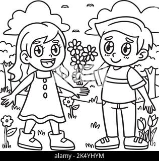 Boy Giving Flowers to Girl Coloring Illustration Stock Vector Image ...