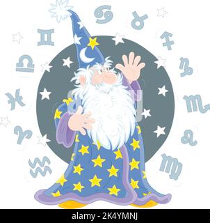 Wizard astrologer reciting magic spells and Zodiac signs of ...