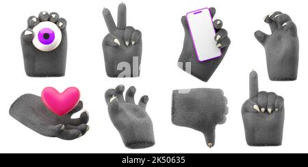3d furry wolf hands set in plastic cartoon style. Different fingers and ...