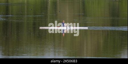 Sportsman single scull man rower rowing on boat Stock Photo - Alamy