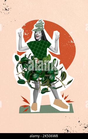 Photo collage of funky carefree ecology lover activist lady have fun ...