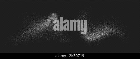 Sugar powder splash, flying salt, baking flour top view. White powder ...