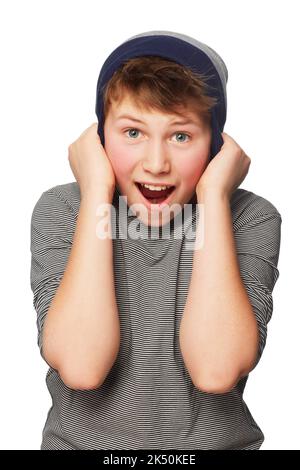 A young teen boy pulling his ears making a funny face Stock Photo - Alamy