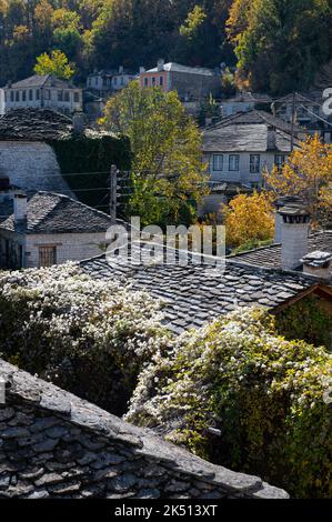 Autumnal landscape showing the stone houses of traditional architecture ...