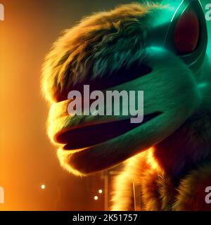 Portrait of a scary and cute furry alien pet outa space. Light is ...
