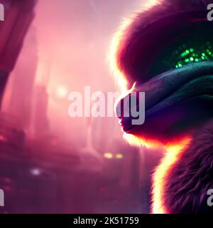 Portrait of a scary and cute furry alien pet outa space. Light is ...