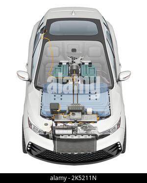 Electric generic car technical cutaway 3d rendering with all main ...