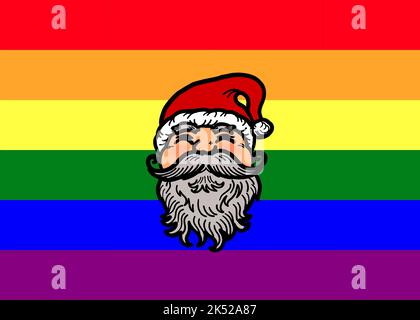 Illustration drawing of Santa Claus face on gay pride rainbow flag ...