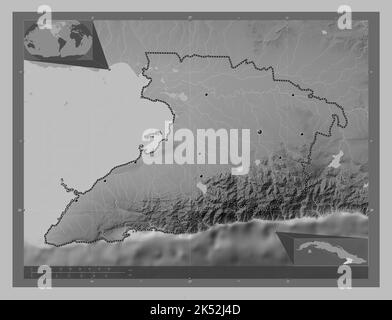 Granma, province of Cuba. Grayscale elevation map with lakes and rivers ...