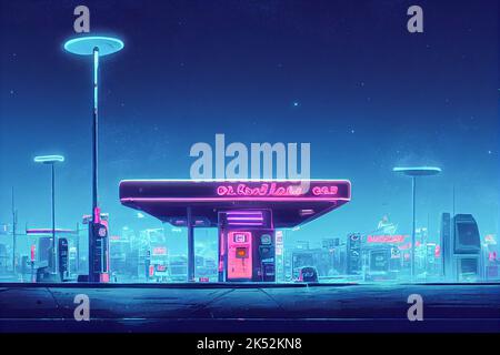 A fantasy illustration of a cyberpunk gas station with colorful neon ...