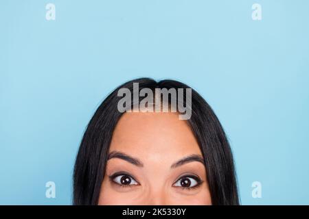 Photo of young japanese woman impressed news look empty space dressed ...