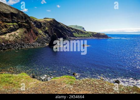 The coastline, showing the countryside and ocean of Graciosa Island ...