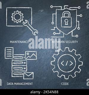 Software data processing, update and protection flat icon set. Data ...