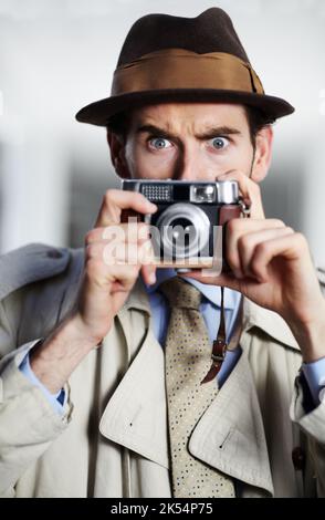 Detective, camera and spy with man in studio for surveillance, reporter ...