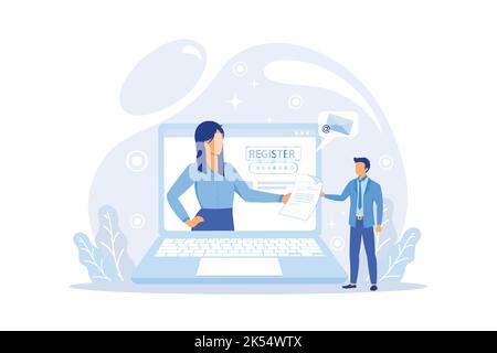 Online registration and sign up concept. Young woman signing up or ...