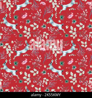 Winter plants and hare watercolor seamless pattern isolated on white ...