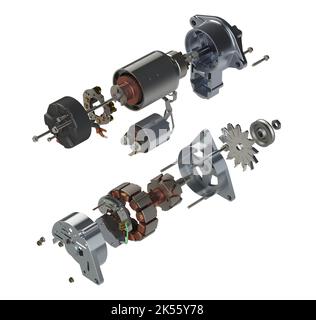 Car starter and alternator in section view 3D rendering isolated on ...