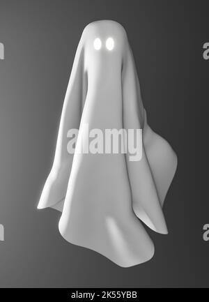 Spooky ghost as flowing white blanket, 3d illustration. Halloween and ...