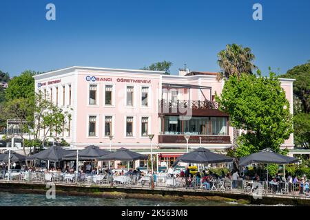 Picture of a sign with the logo of Sabanci group on Ogretmenevi, the ...